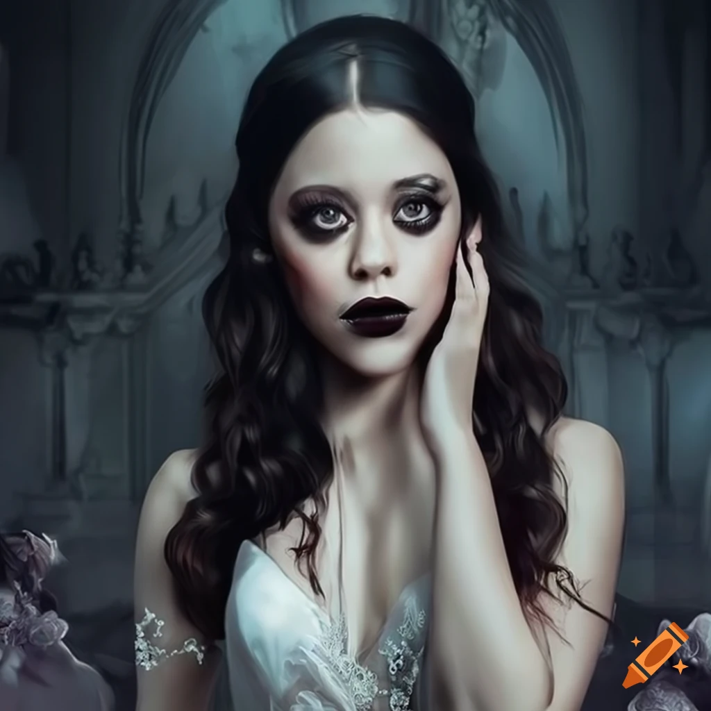 Detailed portrait of vampire bride Jenna Ortega in white satin with ...