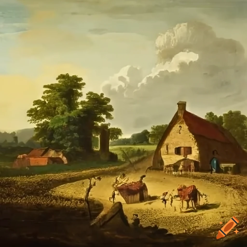 Villagers farming in an 18th century landscape on Craiyon
