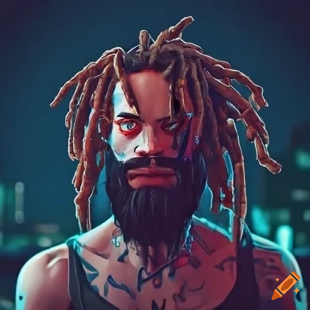 Cyberpunk guy in city with pizza, dreadlocks, and beard on Craiyon