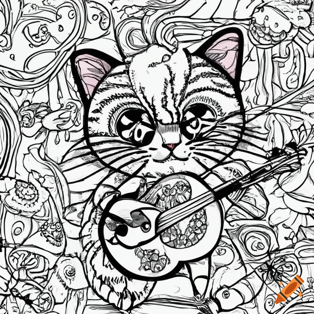 Black and white coloring page of cute cats playing musical instruments ...