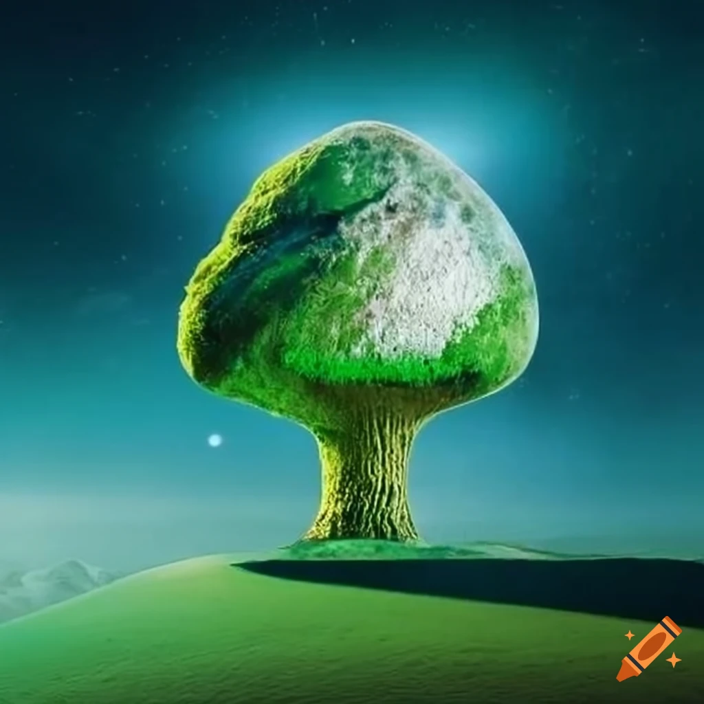 Moss-covered helicoidal tree-building on an exoplanet's moon on Craiyon