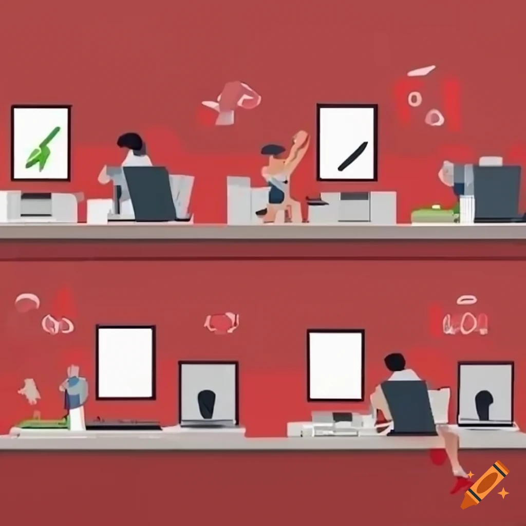 People working in a red-themed animated office setting on Craiyon
