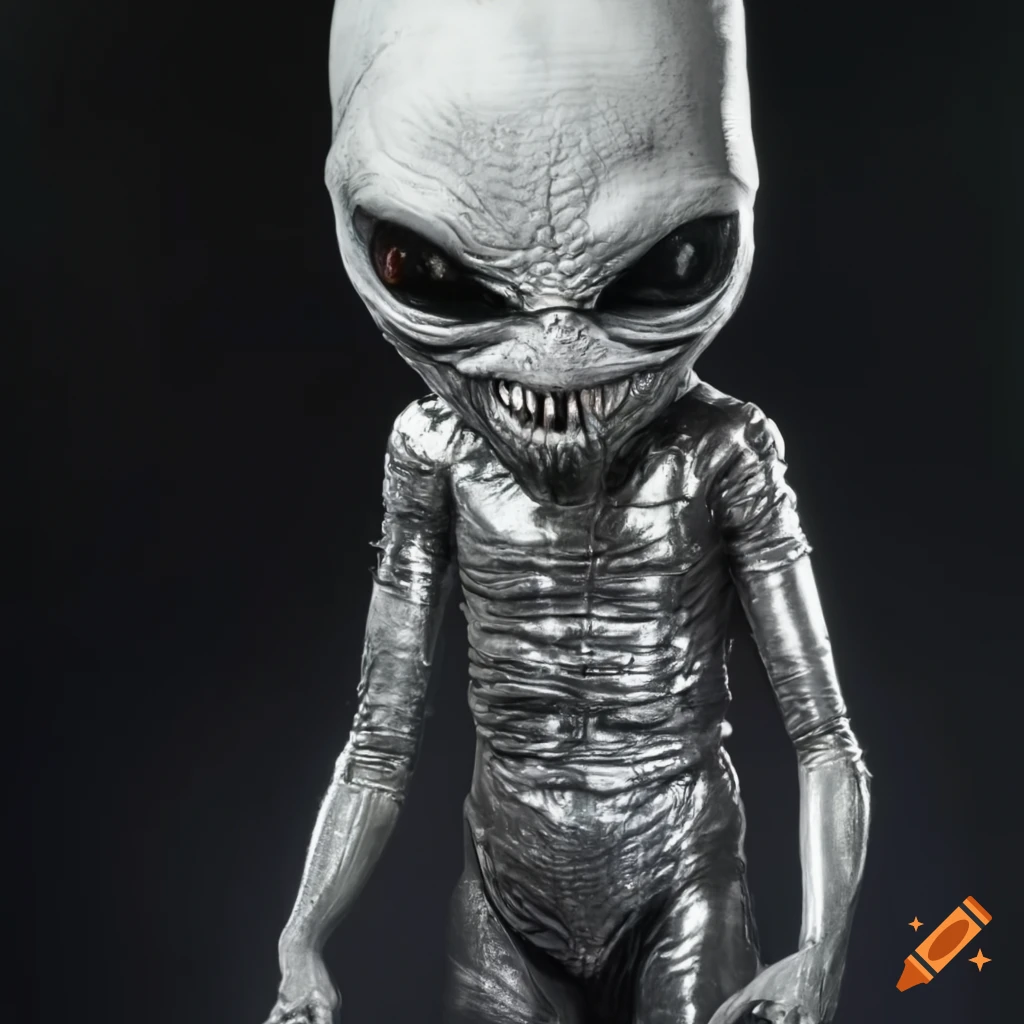 Evil gray alien in shiny spacesuit from a 90's movie on Craiyon