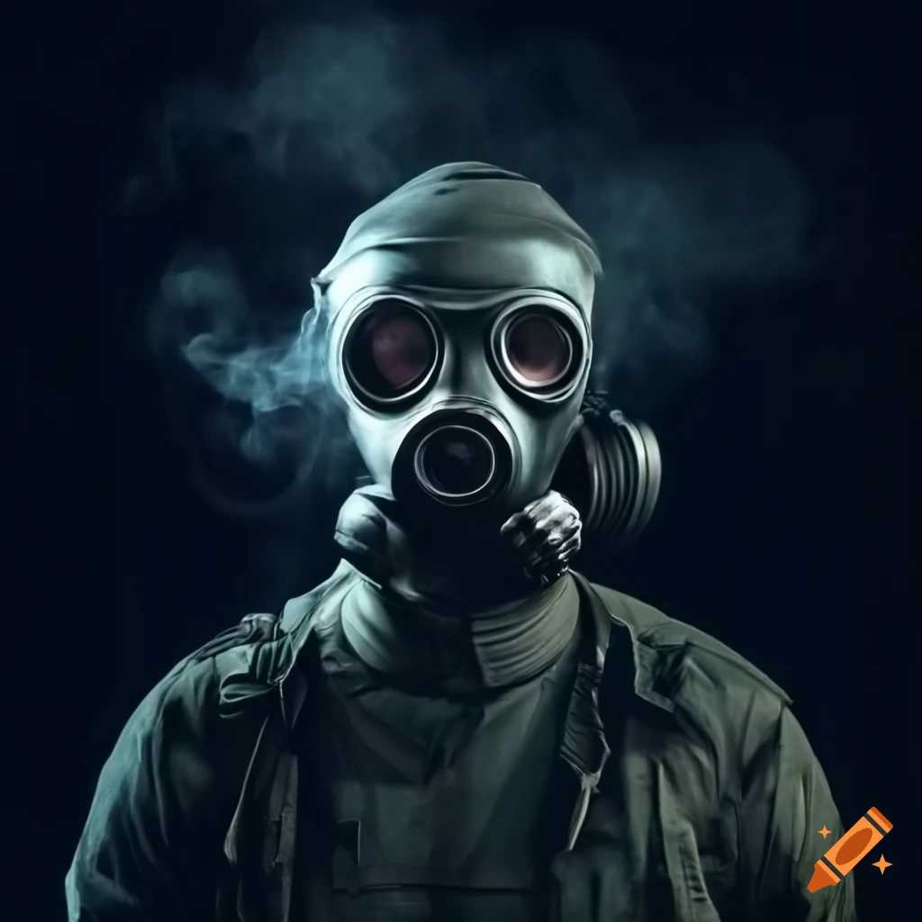Anarchist army soldier in a gas mask in a dark and smoky atmosphere on ...