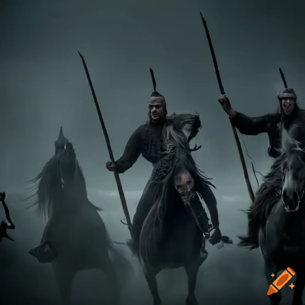 Dark image of three vikings riding horses through the air on Craiyon