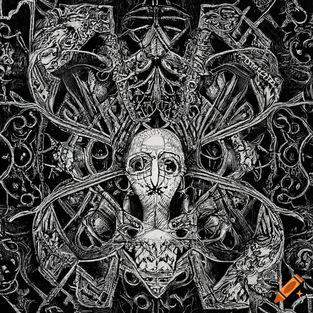 Surrealist gothic artwork with intricate designs and symbolic motifs on ...
