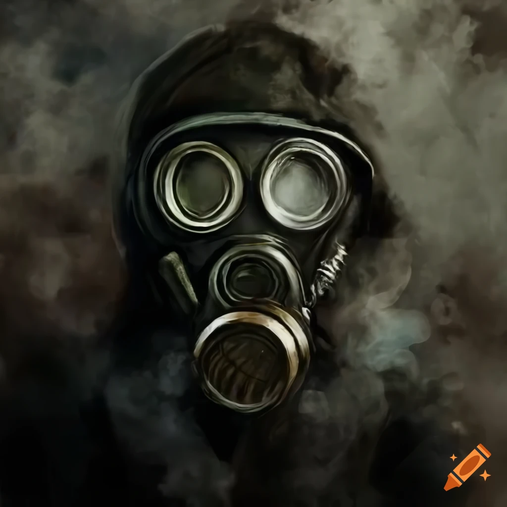 Anarchist army soldier in a gas mask in a dark and smoky atmosphere on ...