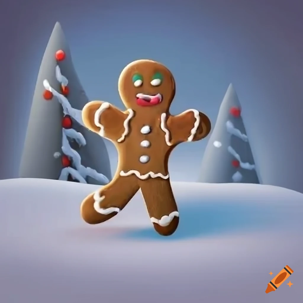Cartoon gingerbread man racing in snow on Craiyon