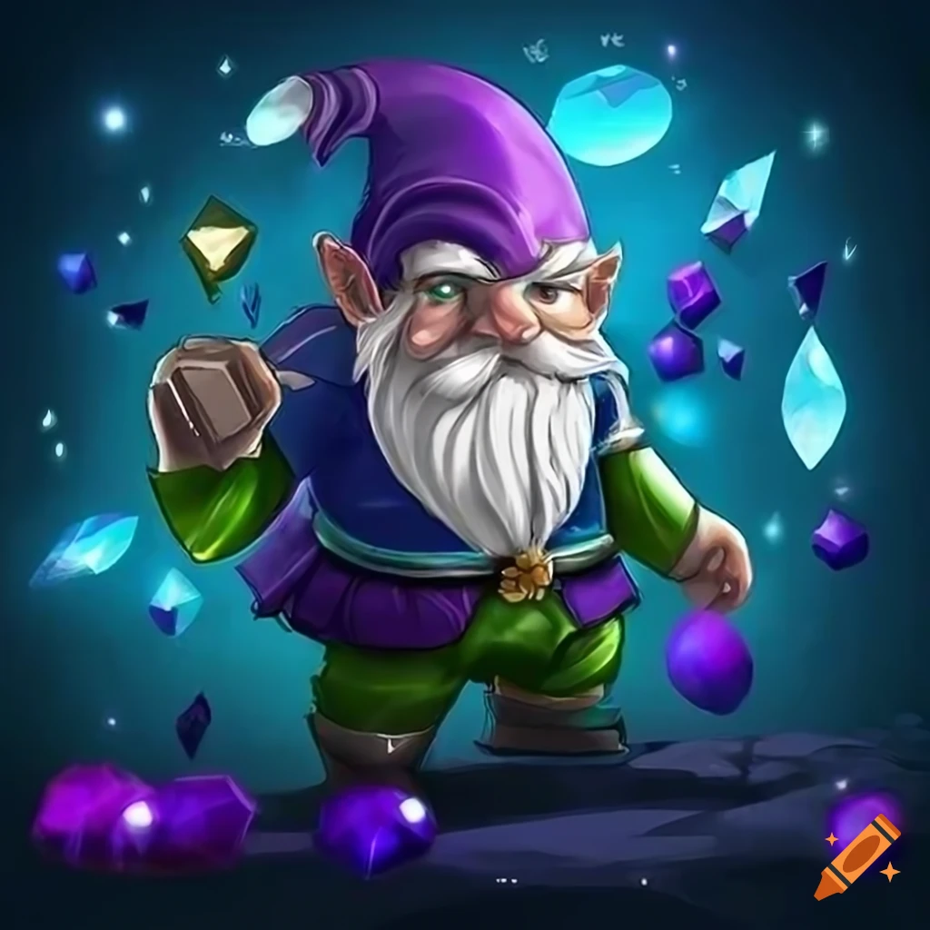 Fantasy gnome surrounded by magical gems on Craiyon