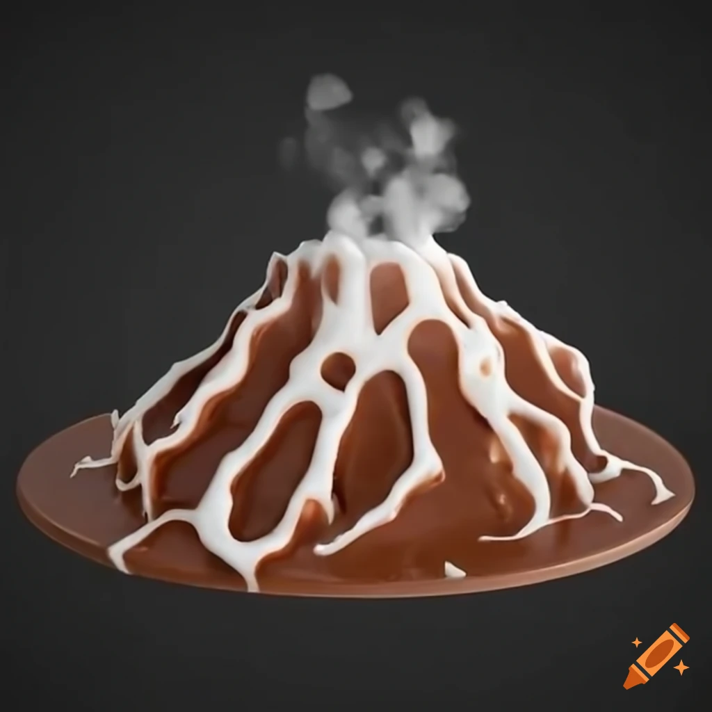 Delicious milk chocolate volcano with white lava clusters on Craiyon