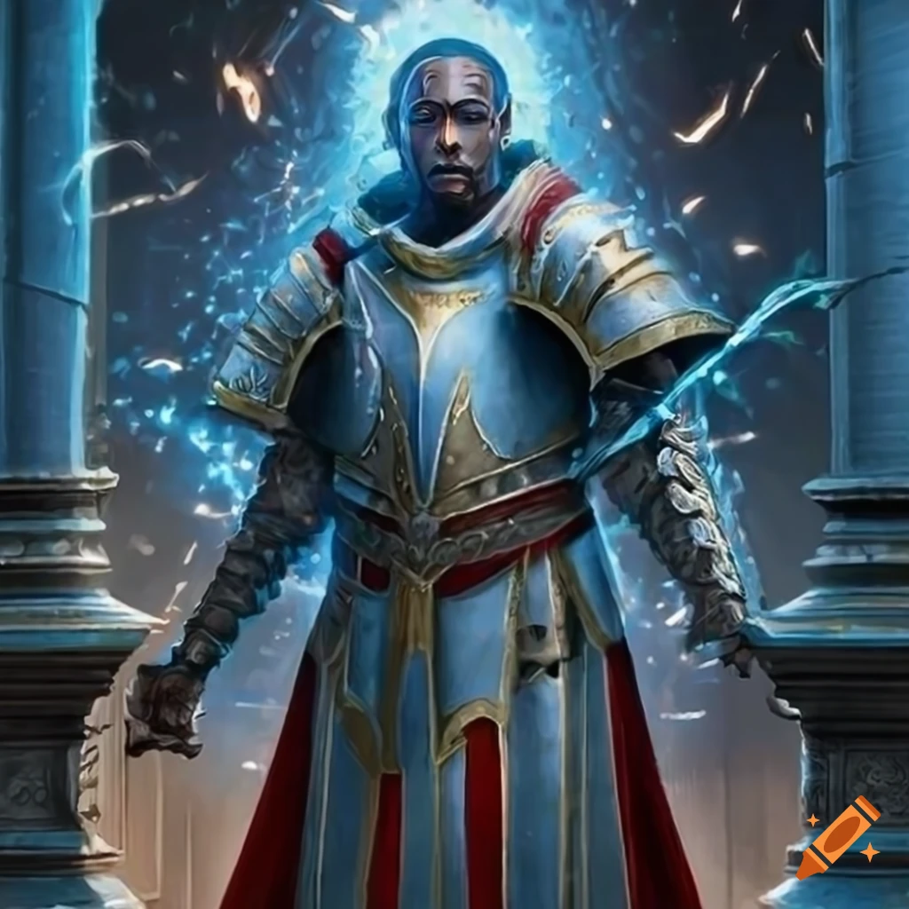 Realistic portrait of a black cleric in ornate armor surrounded by ...