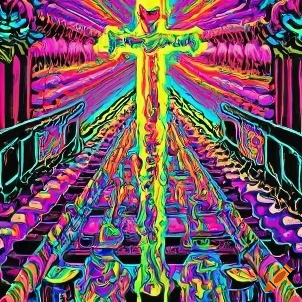 Psychedelic path with jesus in comic style and neon punk elements on ...