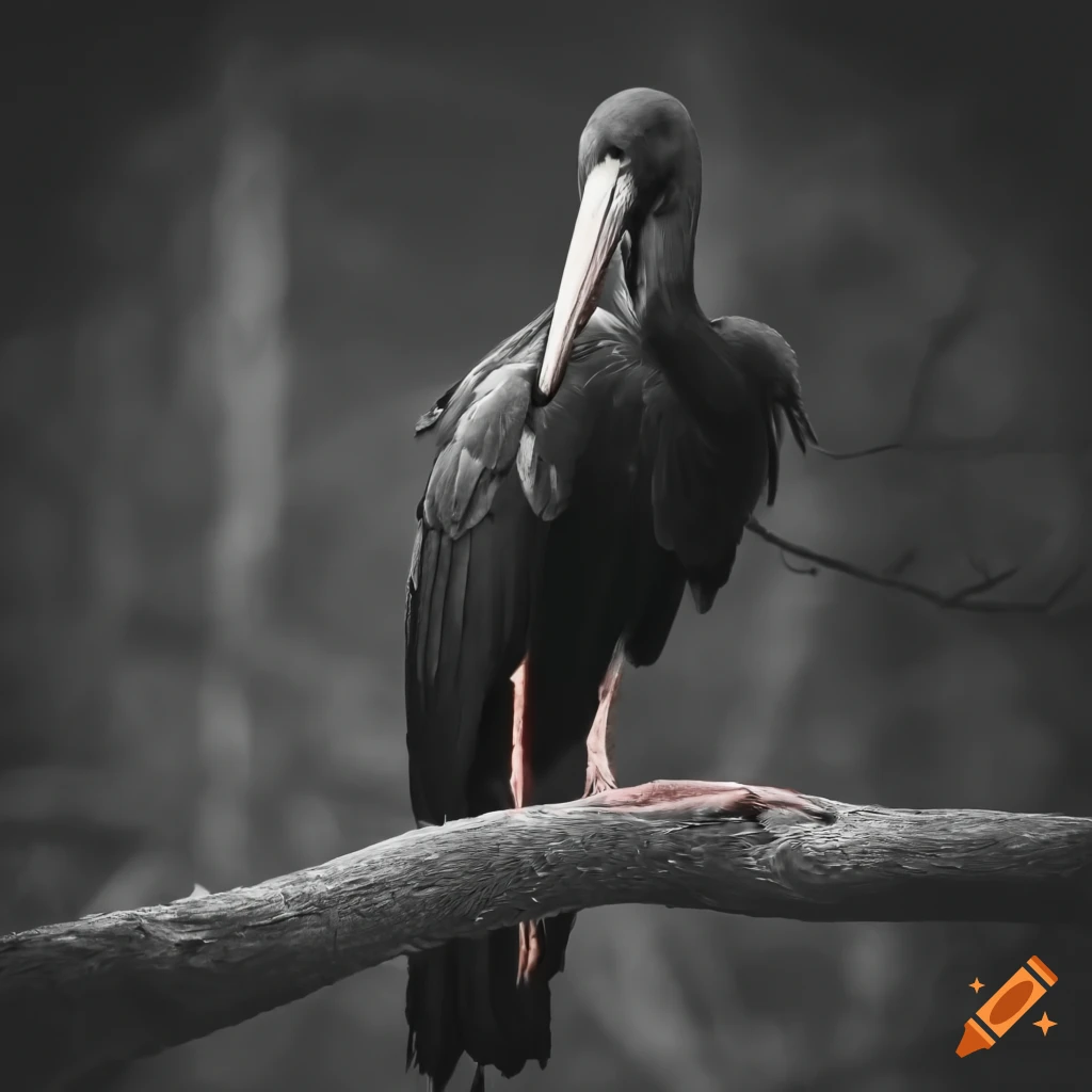 Scary black stork perched in a tree in a dark, black and white photo on ...