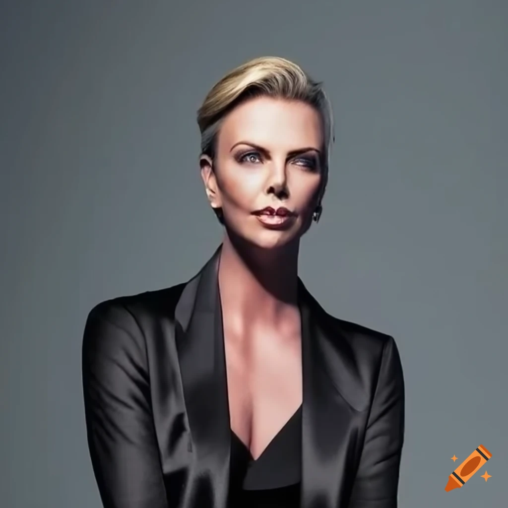 Charlize Theron in black satin suit exuding confidence in a business ...