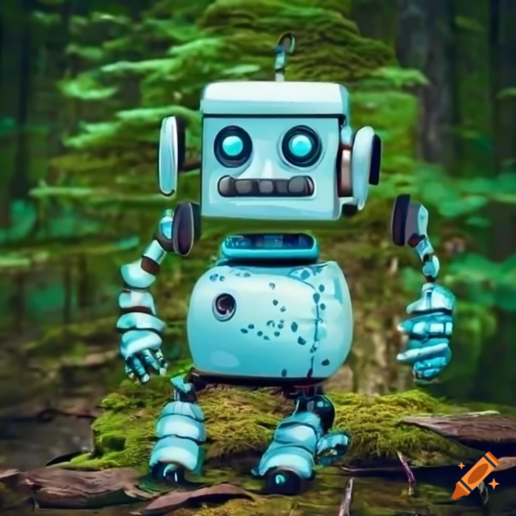 Fat happy robot in a mossy forest on Craiyon