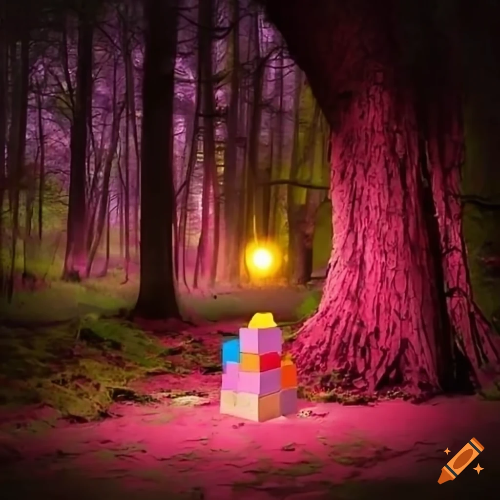 Kid playing with colorful blocks in a forest at night on Craiyon