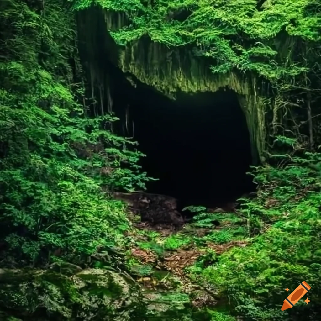 Sinister cave opening in a dark rainy forest with kudzu on Craiyon