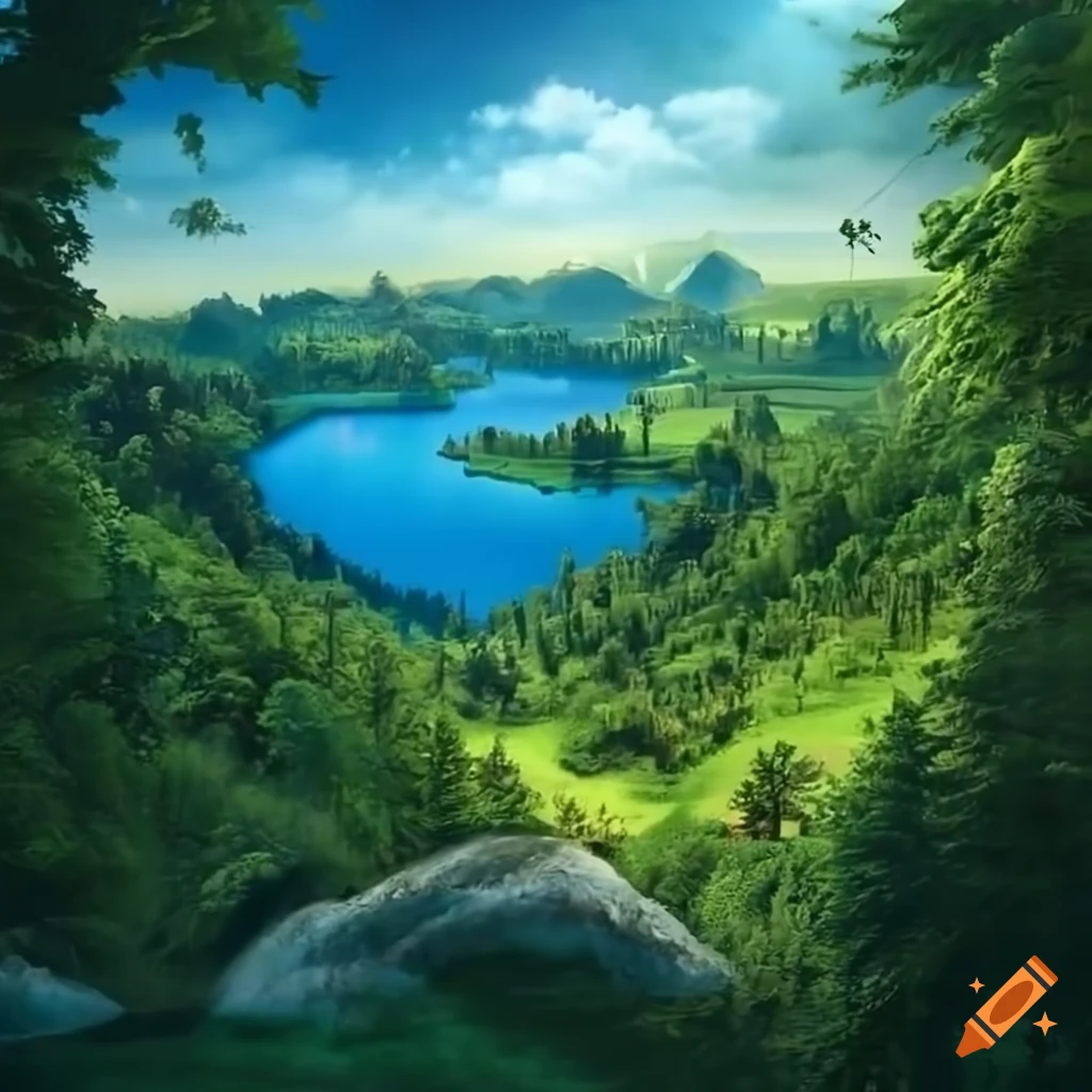 Detailed medieval map with rolling landscapes, forests, lakes, and ...