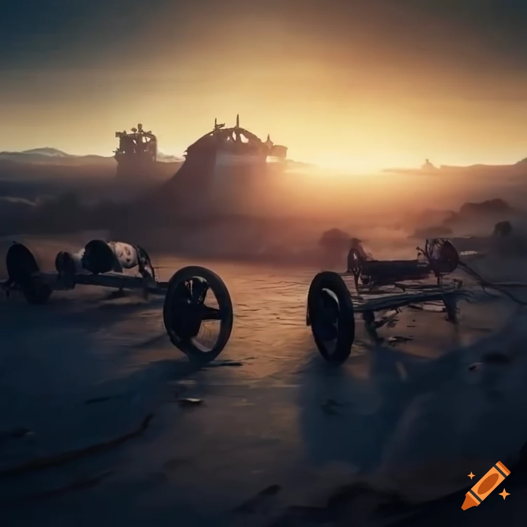 Epic race on a steampunk autodrom in a wasteland at sunrise on Craiyon