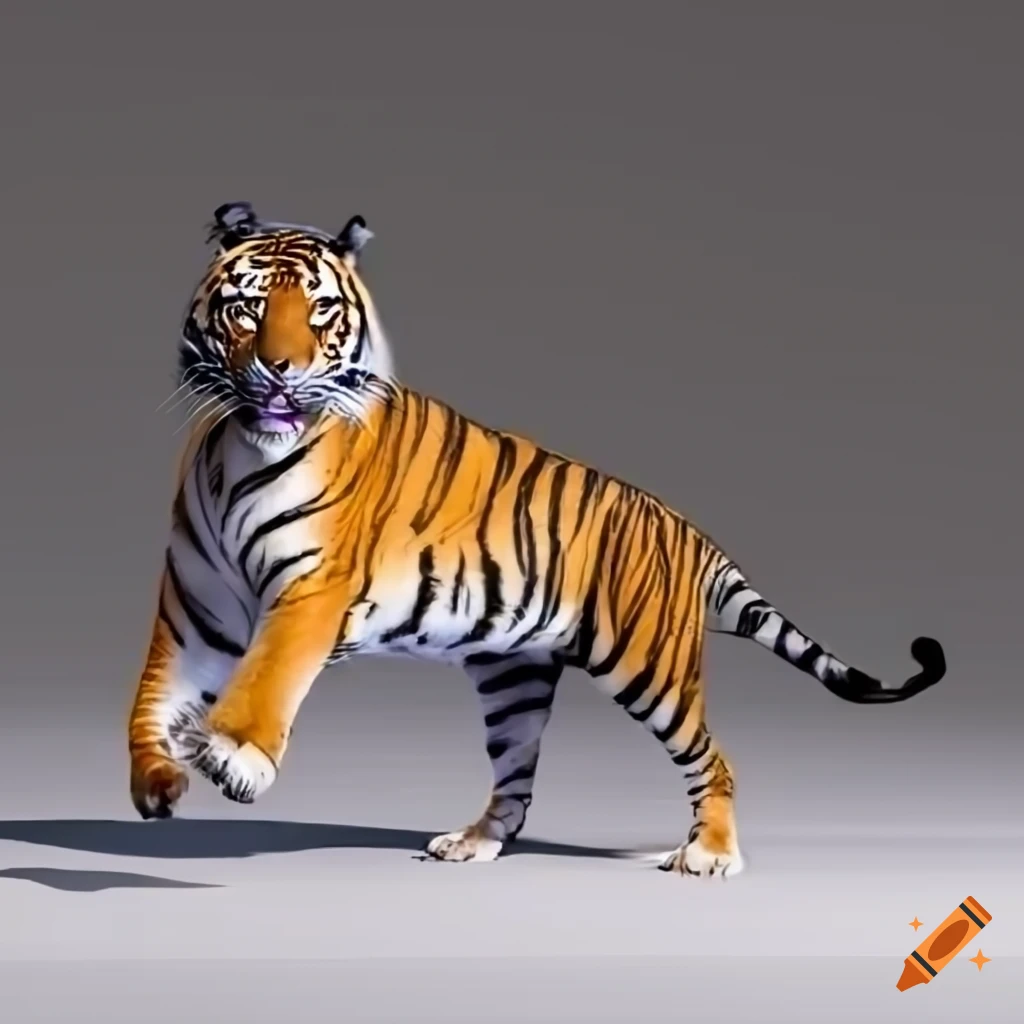 Tiger walking with left leg raised in full side body pose on Craiyon