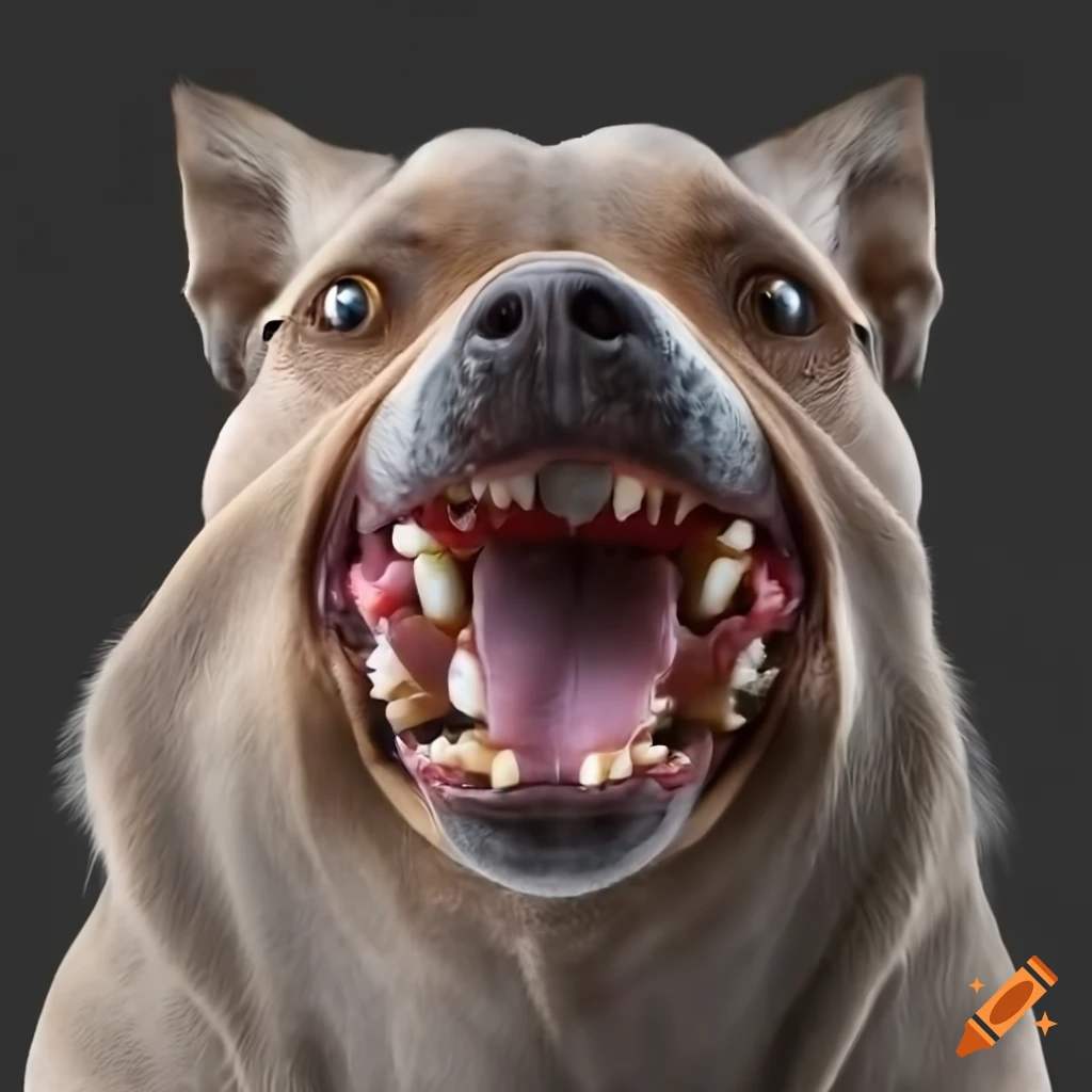 Unique dog with mercury eyes and humanoid teeth in a surreal setting on ...