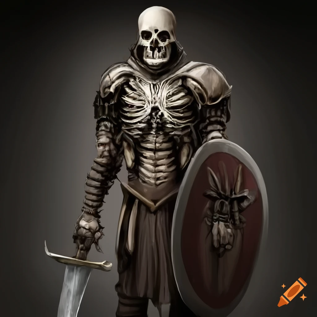 Skeleton warrior with sword and shield standing confidently on Craiyon