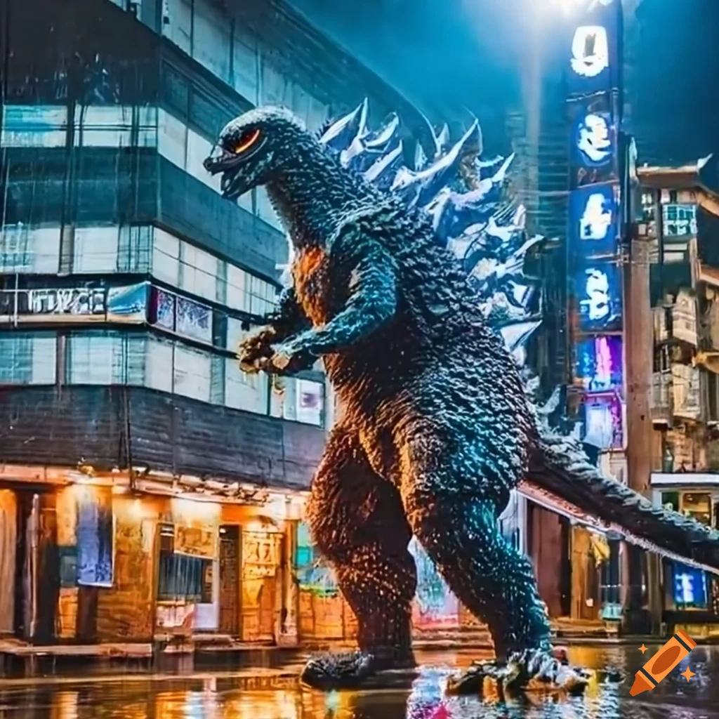 Godzilla in Japan at night with neon reflections in water puddles on ...