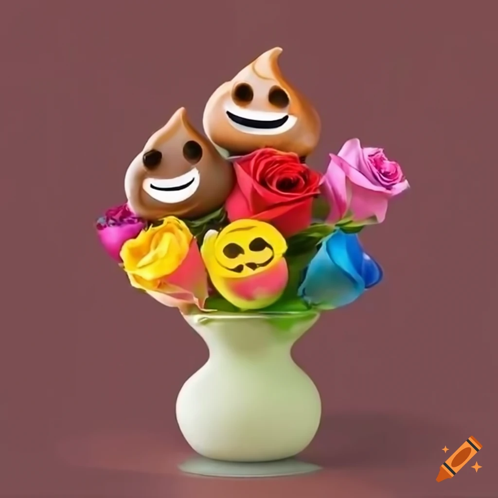 Colorful arrangement of poop emoji roses in a vase on Craiyon