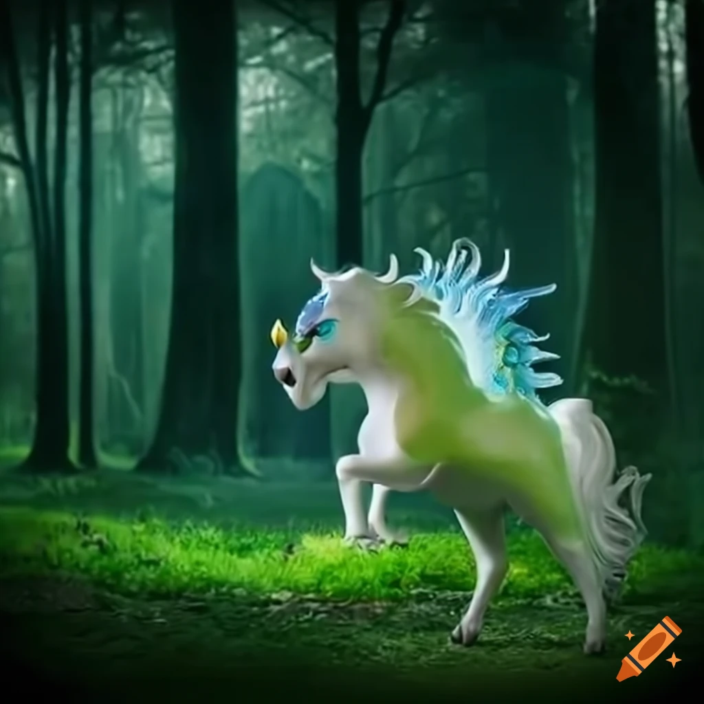 Forest with mythical creatures and a mutant lemon fruit monster in a magical setting on Craiyon