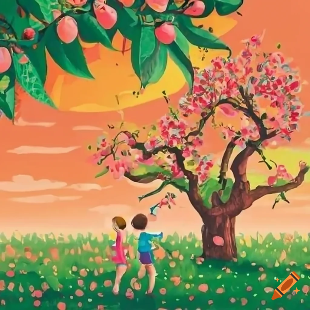 Children playing in vibrant peach orchards reaching for sun-kissed ...