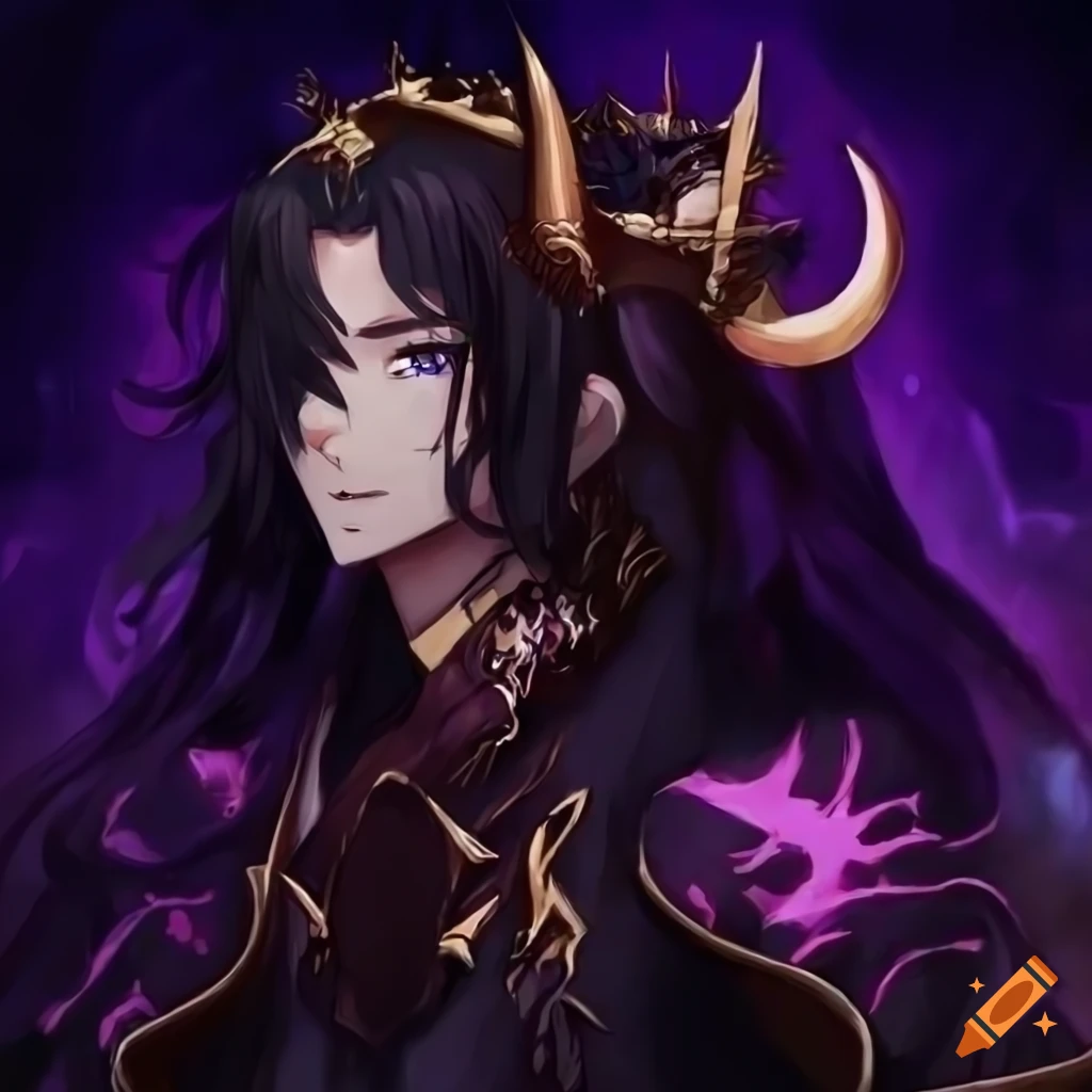 Anime-style portrait of a regal male demon lord on a throne with violet ...