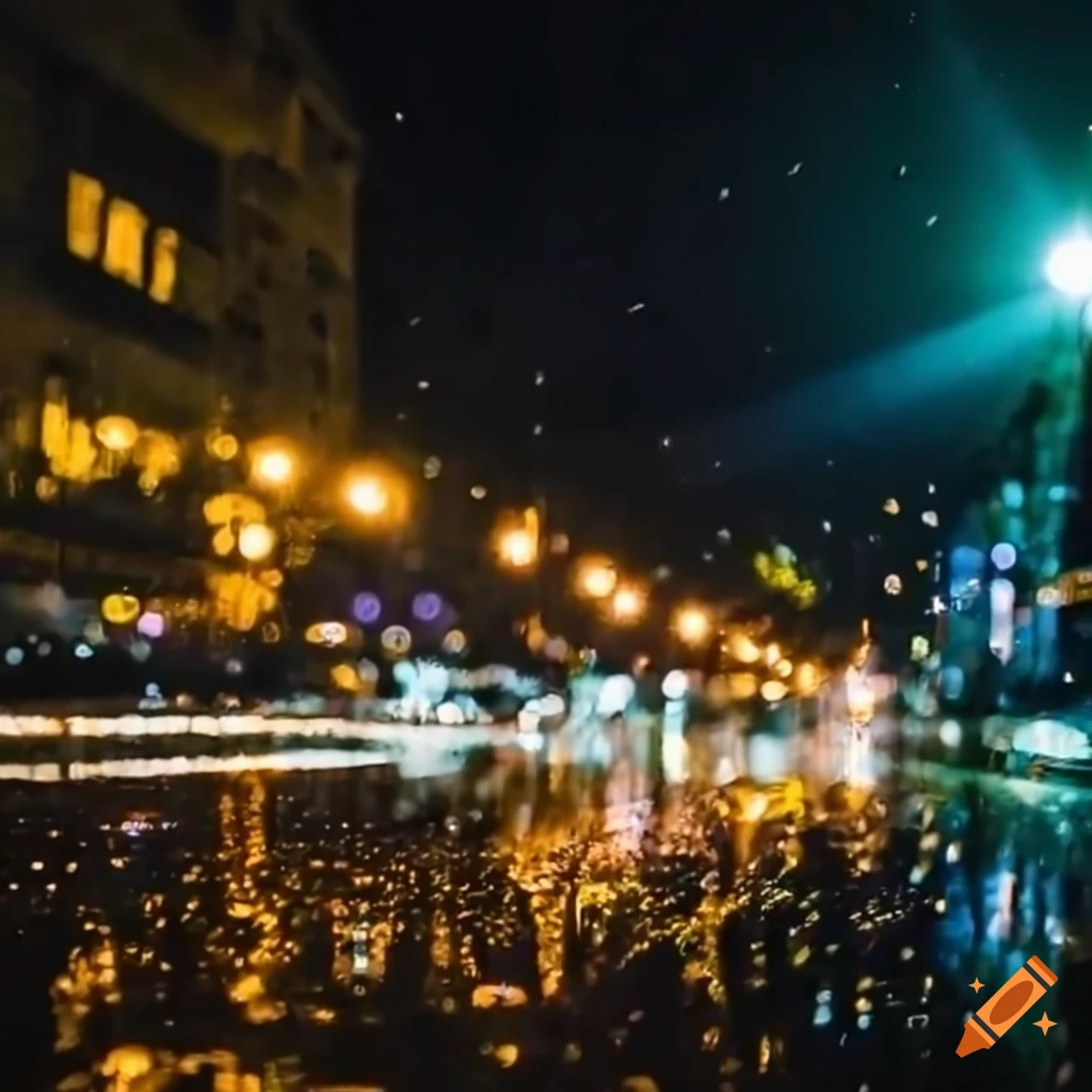 Night scene with rain, neon light reflections in puddles of water on ...