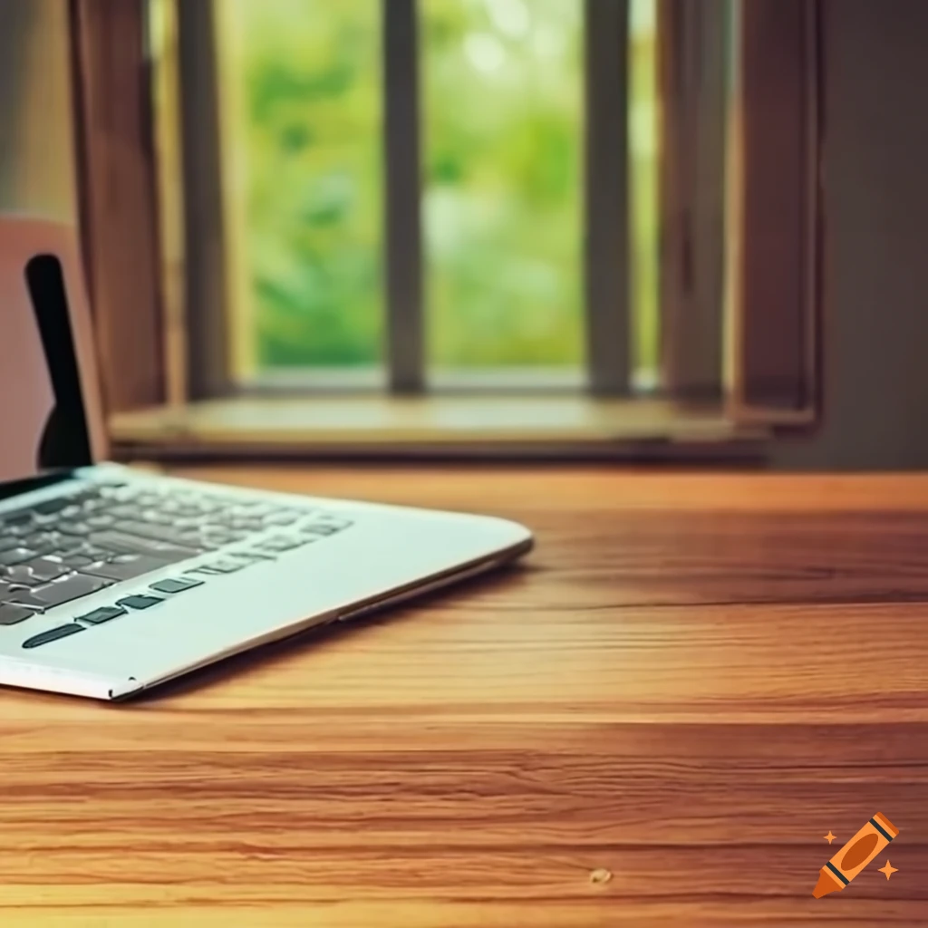 Wooden desk near window with a laptop on Craiyon