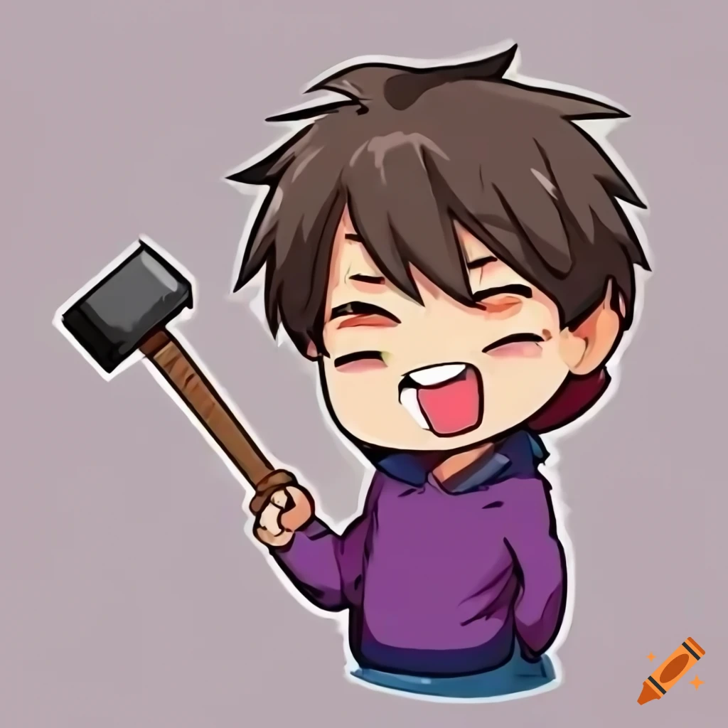 Young man holding a large hammer in chibi anime style on Craiyon