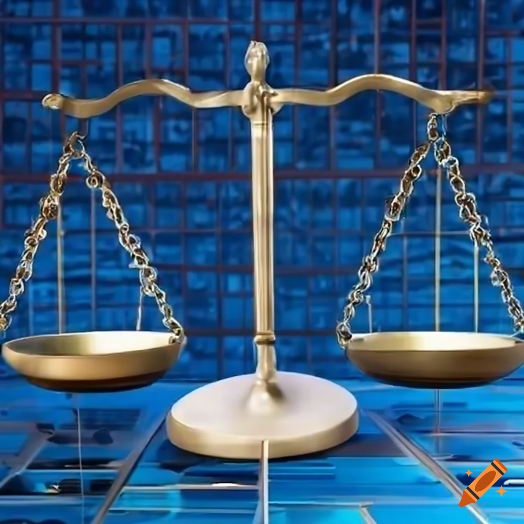 Justice scale weighing ai and human with blue symbolic background on ...