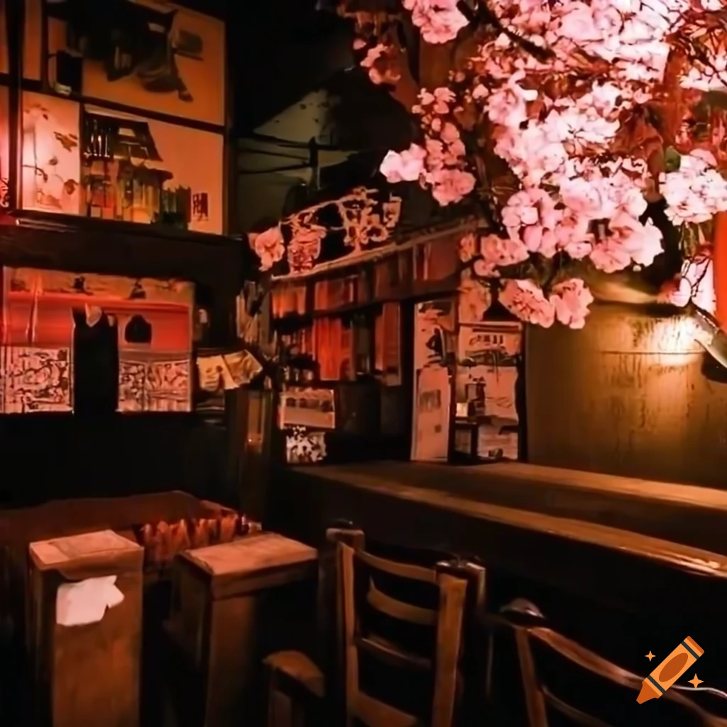 Japanese bar scene with cherry blossoms and patrons enjoying sake on ...