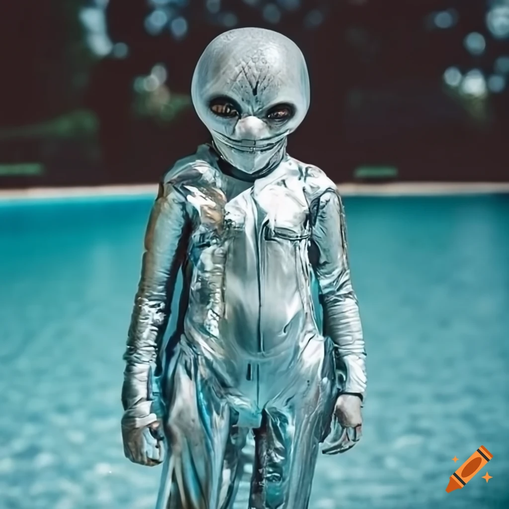Gray alien in a spacesuit by the pool on a sunny day on Craiyon