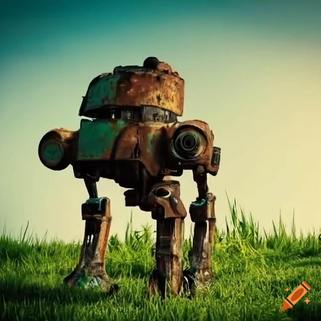 Futuristic sci-fi battle robot half destroyed in an abandoned city ...