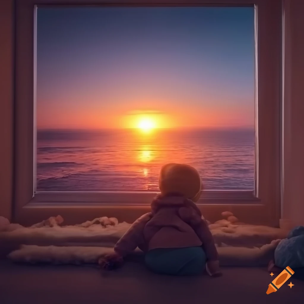 Beautiful kid's room with amazing sunset view, toddler looking out on ...