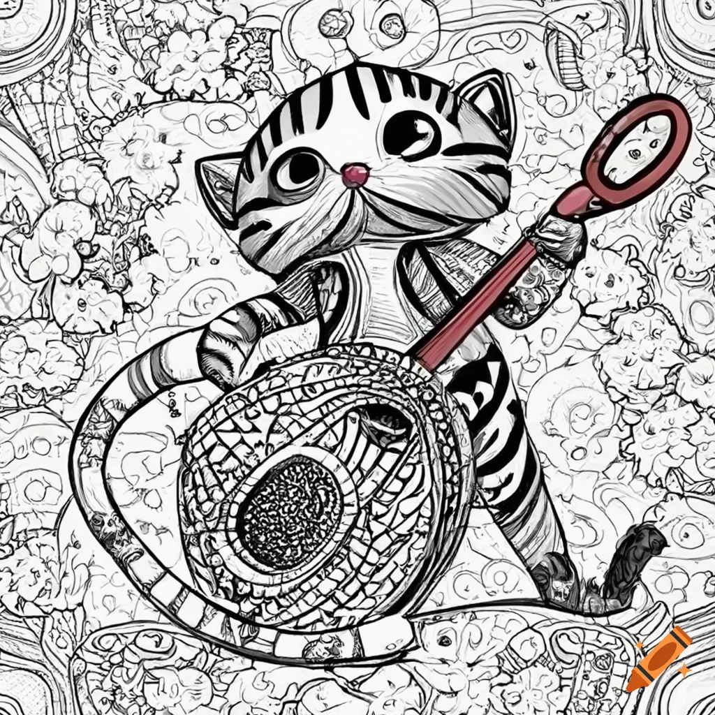Black and white coloring page of cute cats playing musical instruments ...