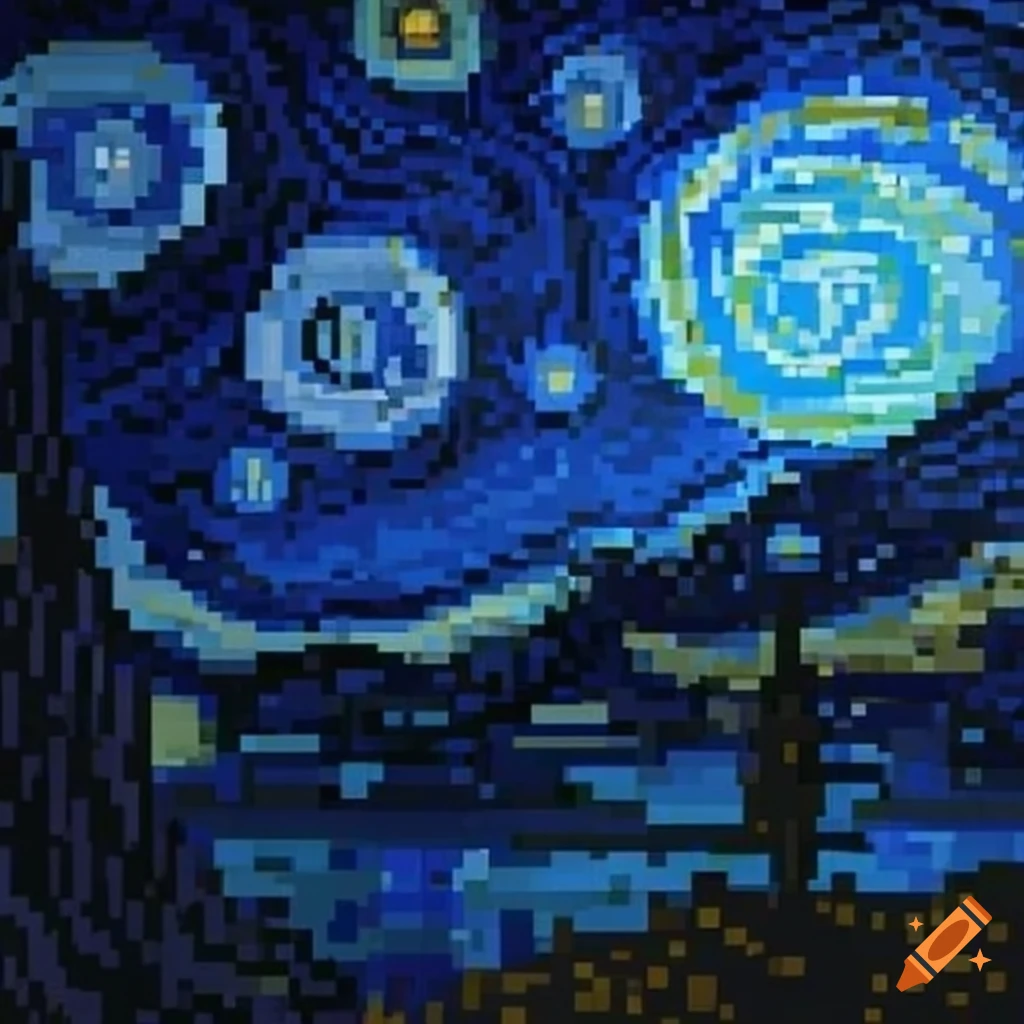 Pixel art reinterpretation of 'starry night' on Craiyon