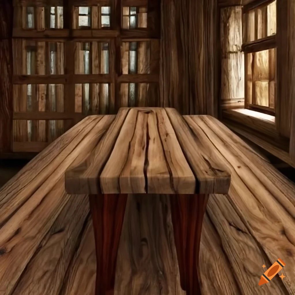 Long rough wood table in a rustic cabin on Craiyon