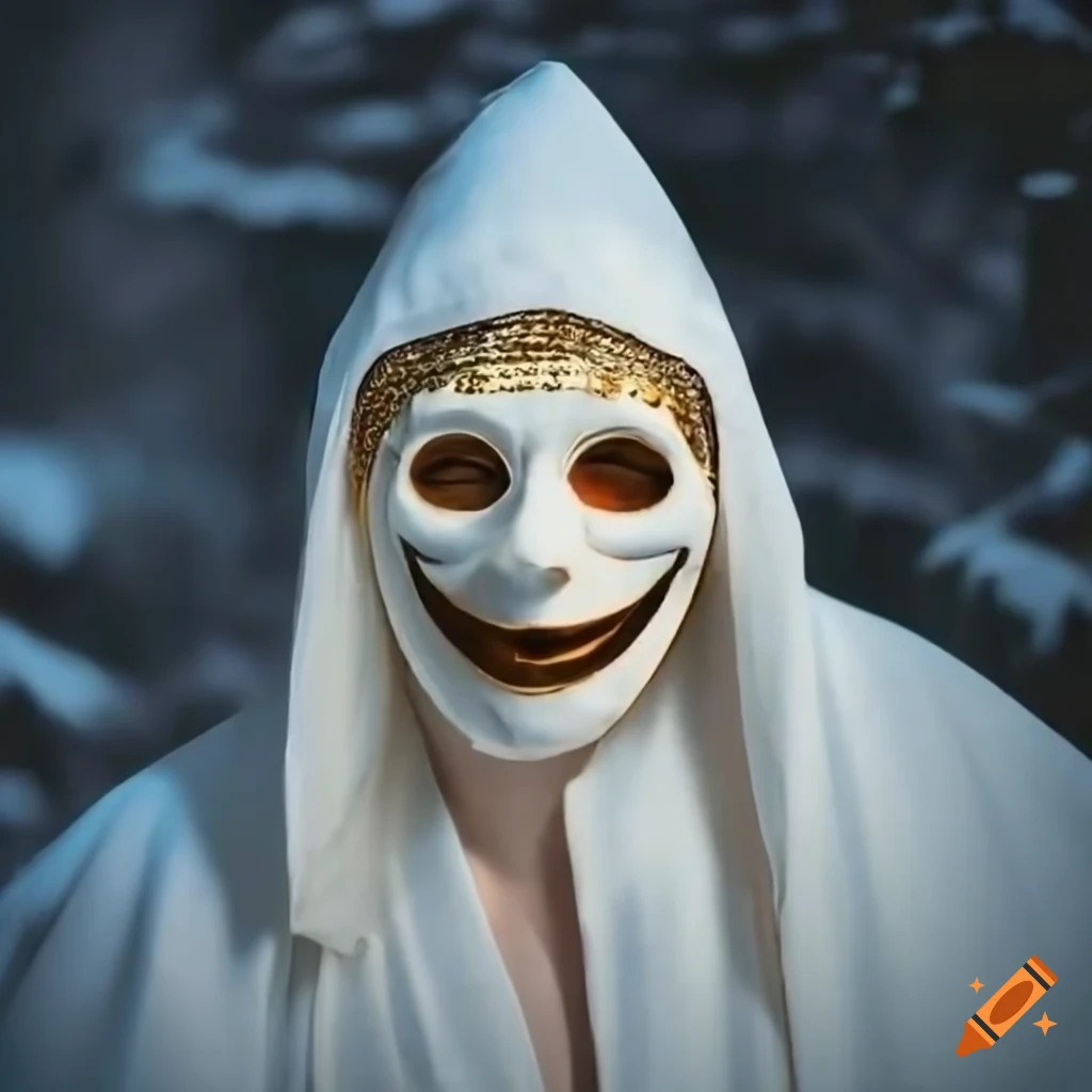Man in white silk robes with a mask in a snow-covered forest on Craiyon