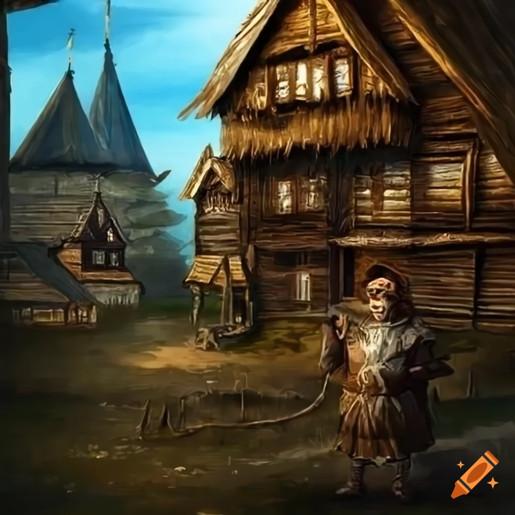 Medieval Russian village with wooden houses and traditional clothed ...