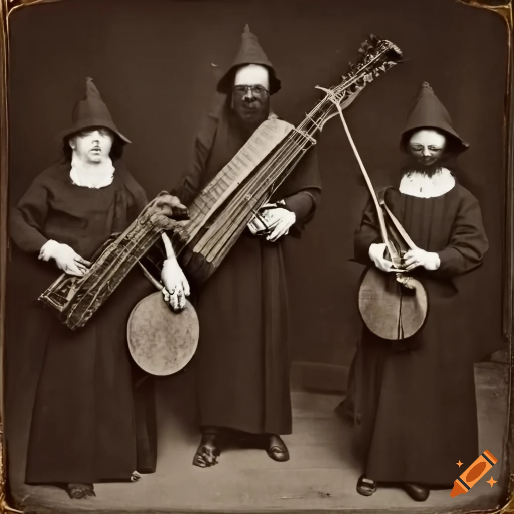 Historical portrait of hooded pagan cultists with musical instruments ...