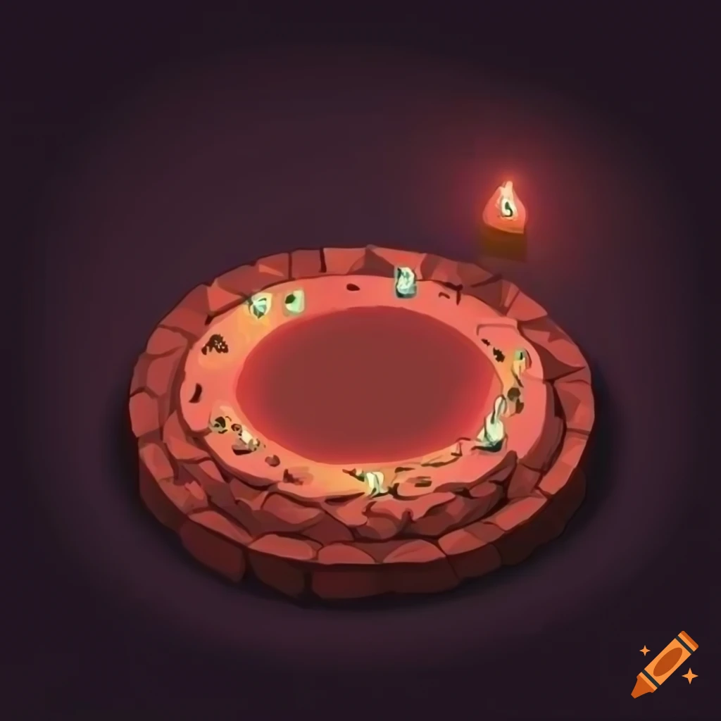Isometric view of a stone round altar with a red glowing magic stone on ...