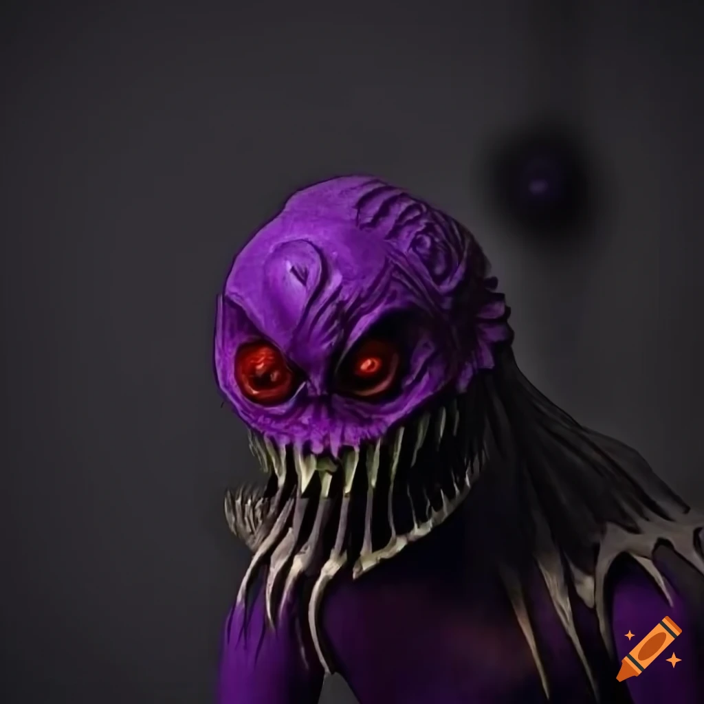 Purple creature with red spiral eyes in a subliminal space on Craiyon