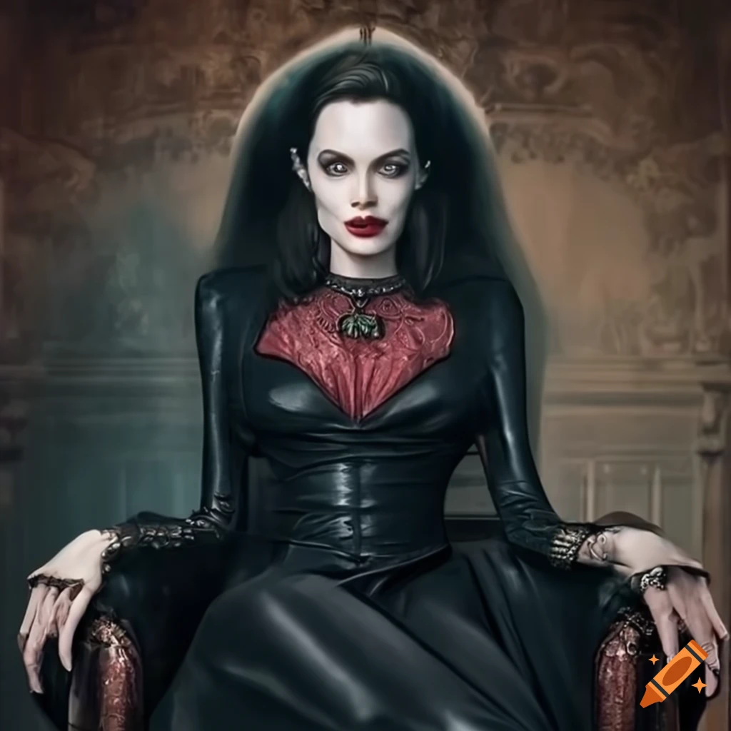 Full body portrait of vampire countess in dark leather lounging in a ...