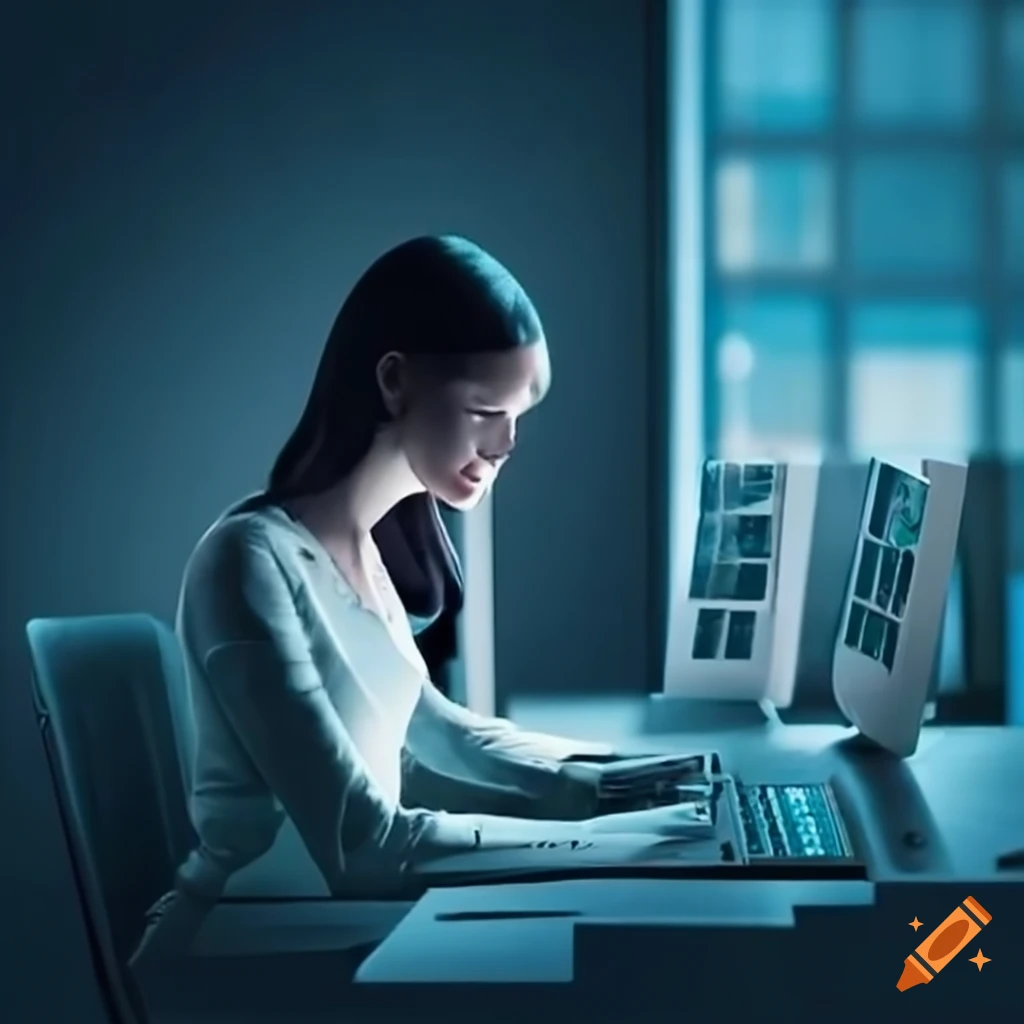 Modern bank interior with people working on computers on Craiyon