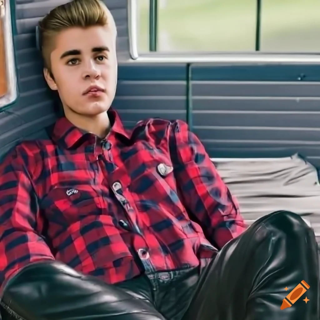 Young man in red plaid shirt and black leather trousers sitting in an old caravan trailer on Craiyon